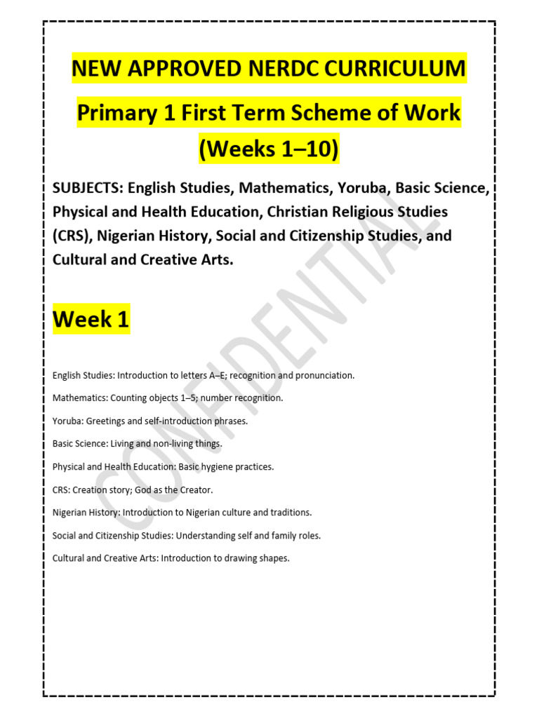 Primary 1 First Term Scheme of Work | PDF | Science | English Language