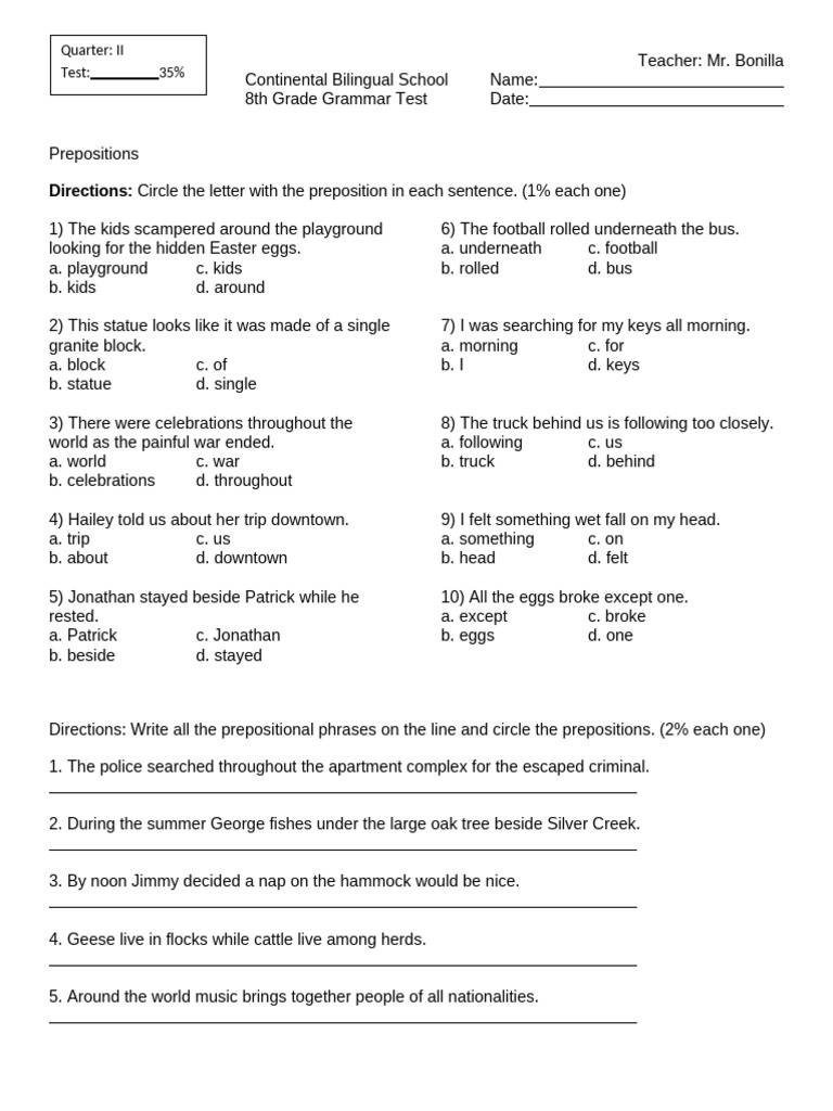 8th Grade Grammar Test Prepositions-Prepositional Phrases-Subject-Verb ...