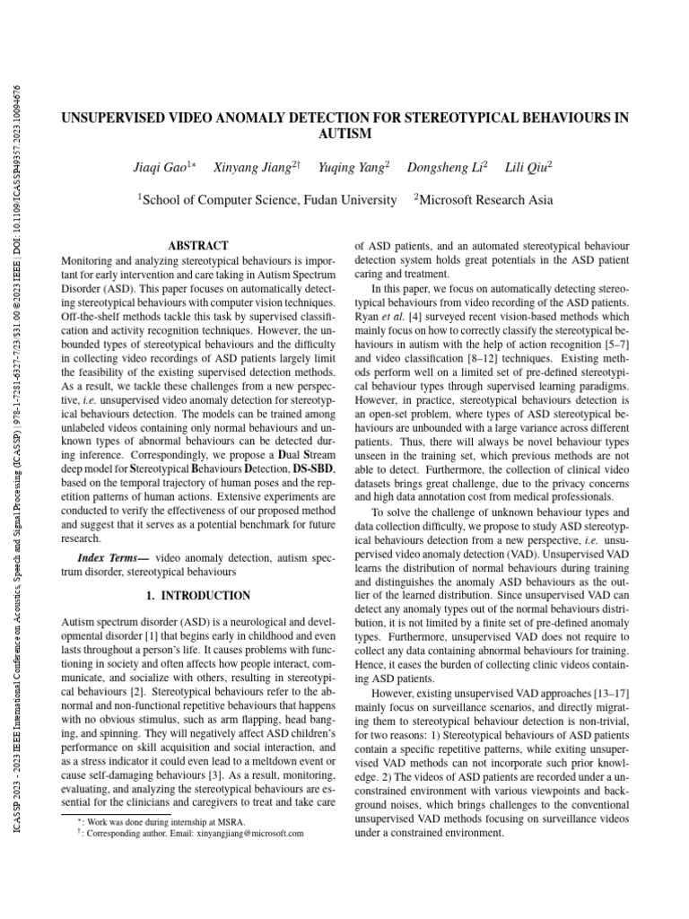 Unsupervised Video Anomaly Detection For Stereotypical Behaviours in ...