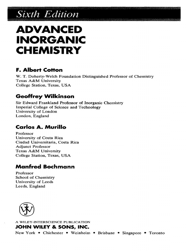 Advanced Inorganic Chemistry 6 Ed - F - Albert Cotton, Geoffrey ...