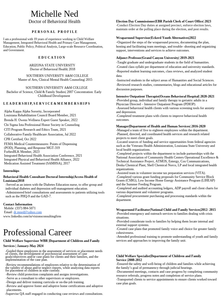 Michelle M. Ned Resume 5-4-24 | PDF | Mental Health | Child Protection