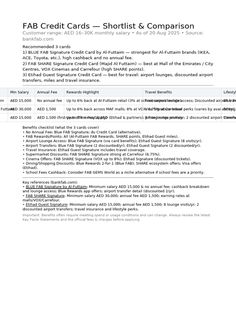 FAB Cards Comparison Aug 2025 | PDF | Payments | Service Industries