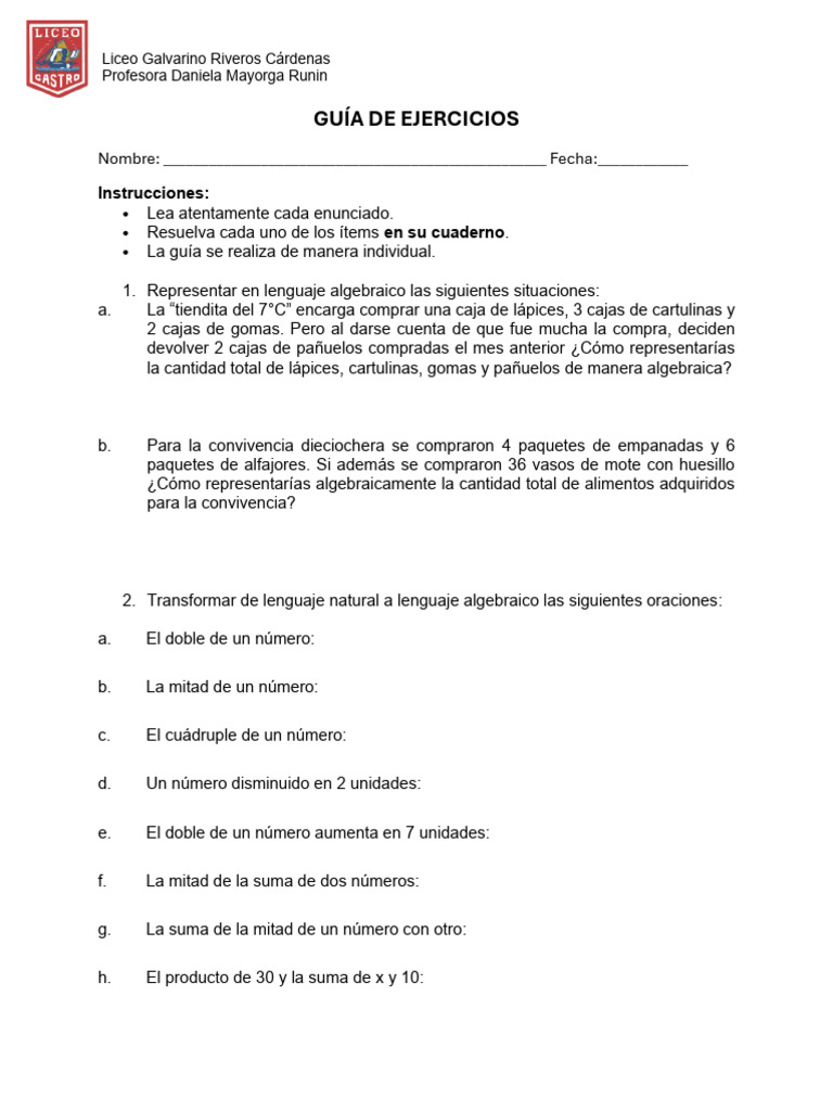Guía de Ejercicios 7°c | PDF | Álgebra abstracta | Matemáticas De La ...