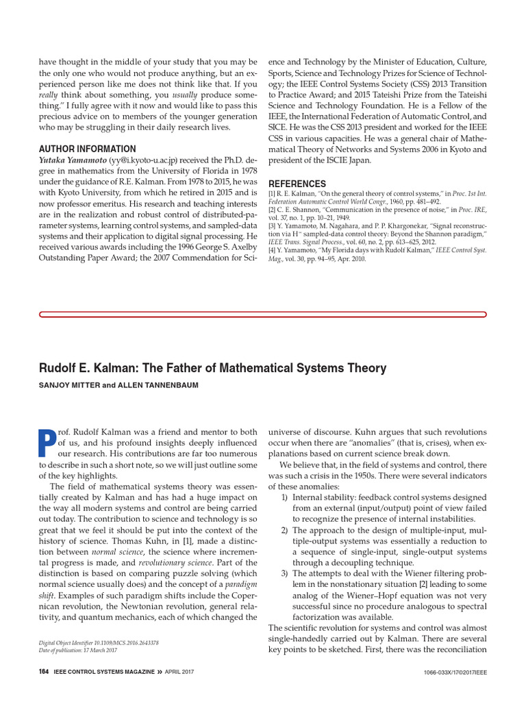 The Father of Mathematical Systems Theory | PDF | Kalman Filter ...