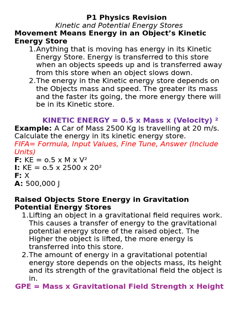 Kinetic and Potential Energy Stores Revision | PDF