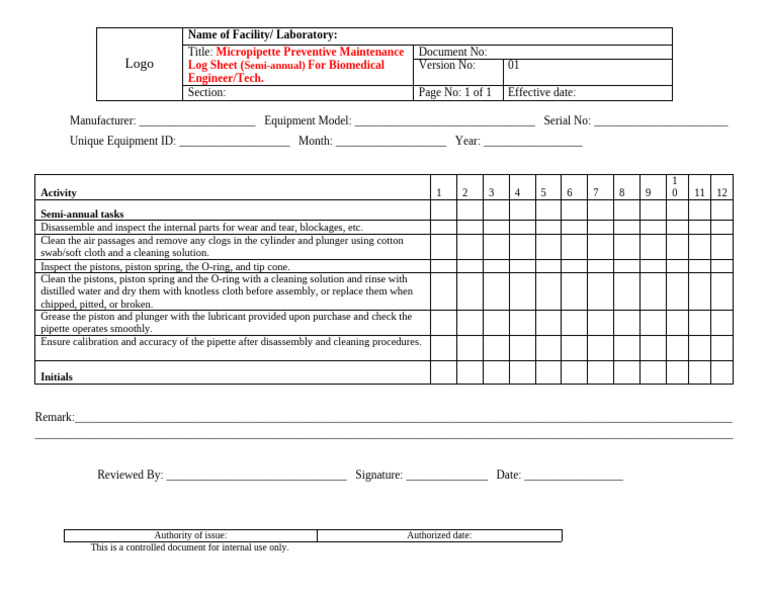 Micropipette PM Log Sheet Semi-Annual BME-T | PDF
