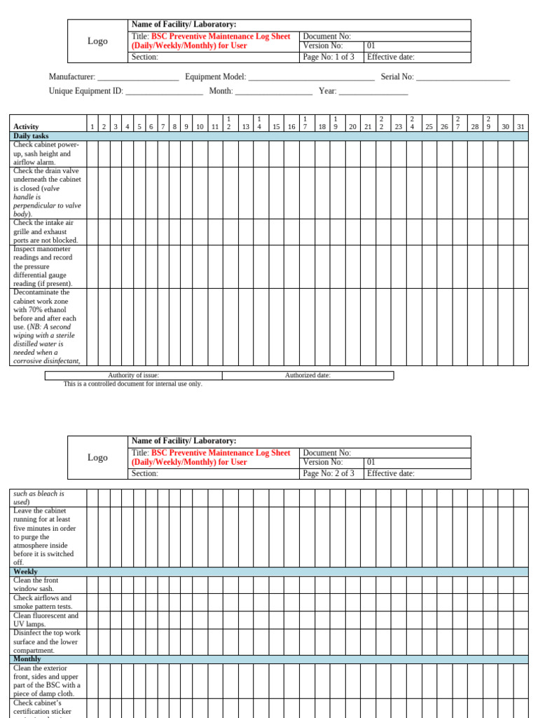 BSC PM Log Sheet Daily Weekly Monthly User | PDF