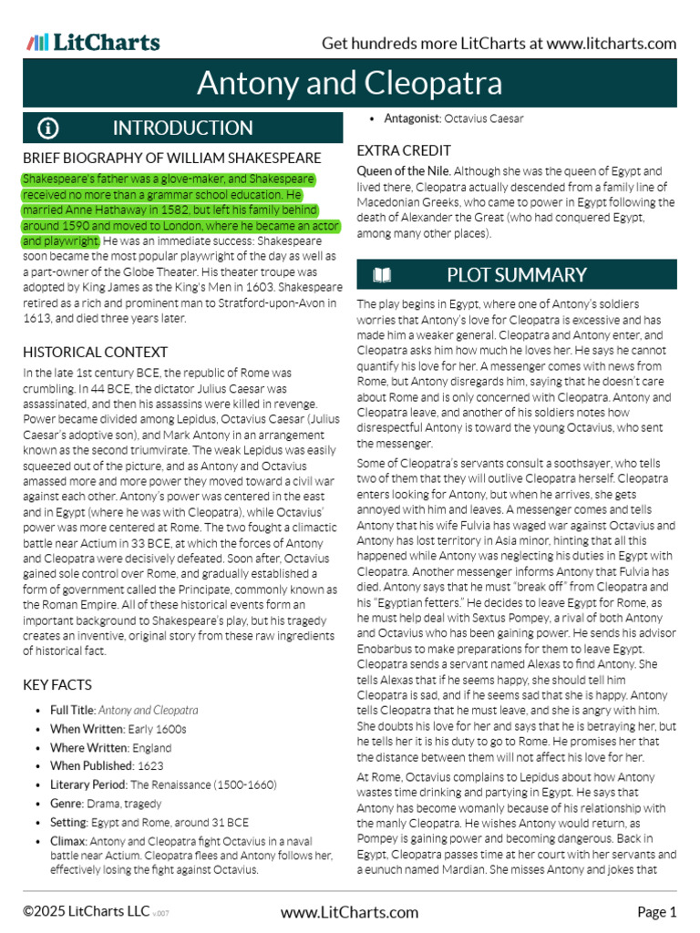 Antony and Cleopatra LitChart | PDF | Mark Antony | Augustus