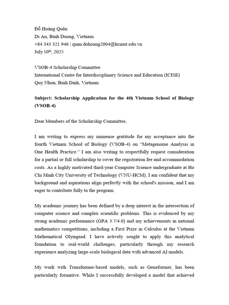 VSOB-4 Scholarship Application Letter | PDF | Bioinformatics | Mathematics