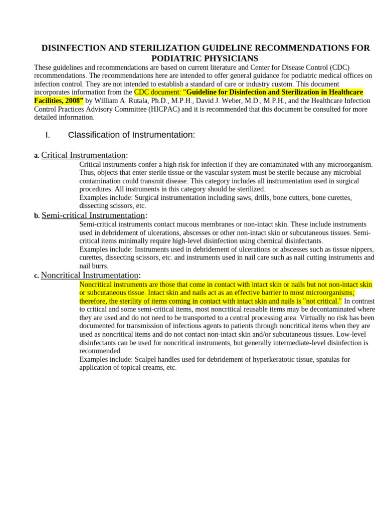 Disinfection and Sterilization Guideline Recommendations For Podiatric ...