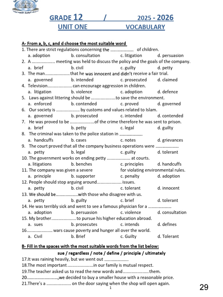 Grade 12 Exercise Vocab and Grammar Units 1,2,3 | PDF | Crimes | Crime ...