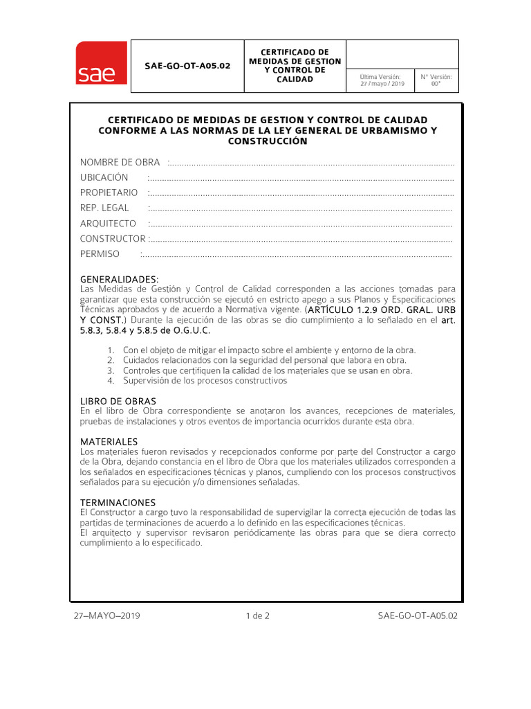 SAE-GO-OT-A05.02 Certificado de Medidas de Gestión y Control de Calidad | PDF