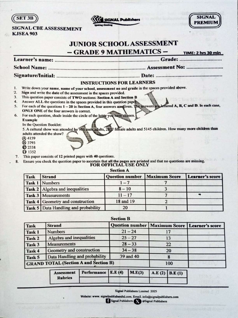 Grade 9 Mathematics Assessment Paper | PDF | Mathematics