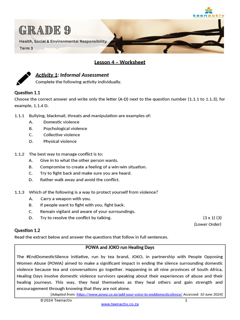 12 Lesson 4 - Domestic Violence | PDF | Violence | Domestic Violence