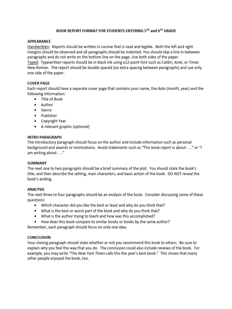 5th & 6th Grade Book Report Guide | PDF