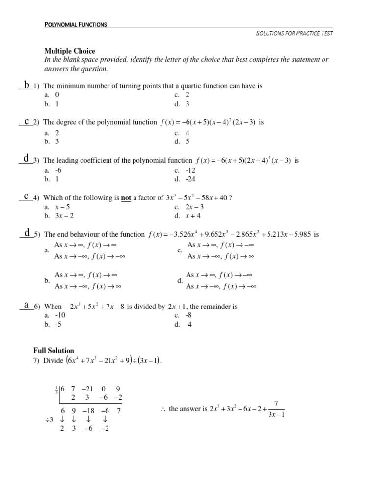 Polynomial Functions Practice Test | PDF | Polynomial | Zero Of A Function