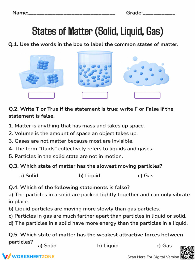 States of Matter - Solid, Liquid, Gas - Science Worksheet For Kids | PDF