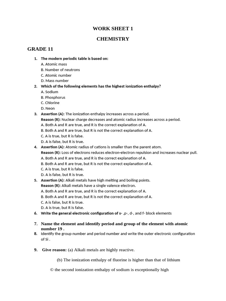 Grade 11 Revision Work Sheet 1 | PDF | Periodic Table | Atoms