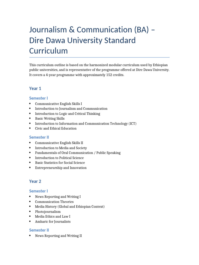 Journalism Curriculum at Dire Dawa University | PDF