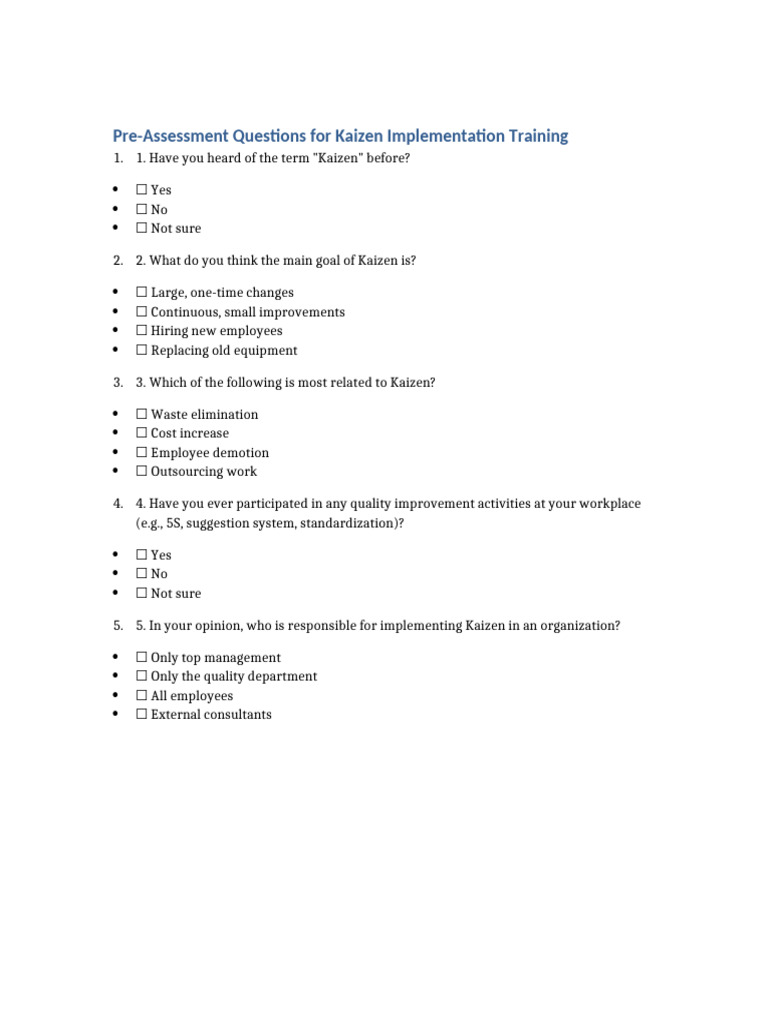 Kaizen Pre Assessment Questions | PDF