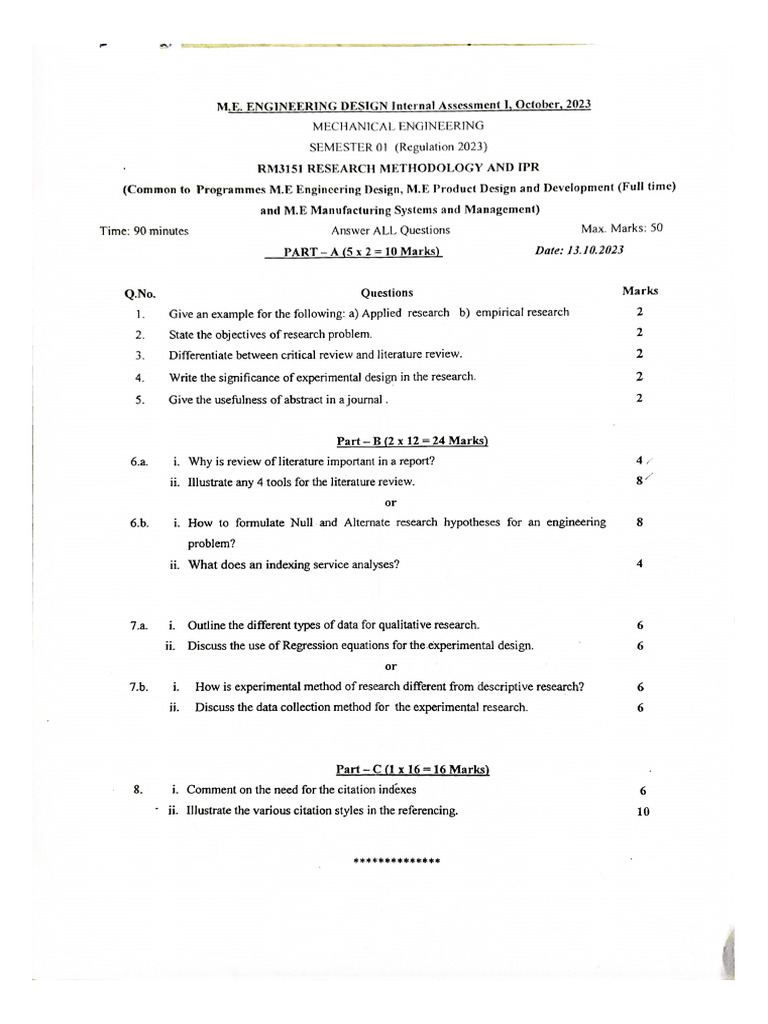 RM and Ipr Question Paper | PDF