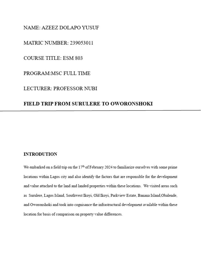 Field Trip Report Dolapo Azeez | PDF | Urban Planning | Urbanization