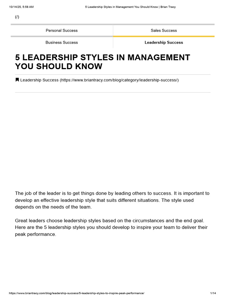 5 Leadership Styles in Management You Should Know - Brian Tracy | PDF ...