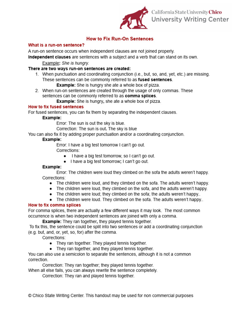 Fixing Run-On Sentences Guide | PDF | Punctuation | Syntax