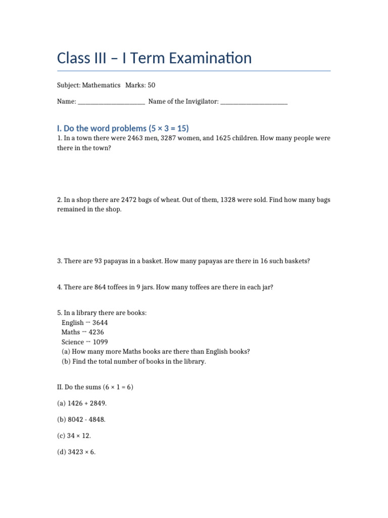 Class III Math Exam With Answer Spaces | PDF | Mathematics
