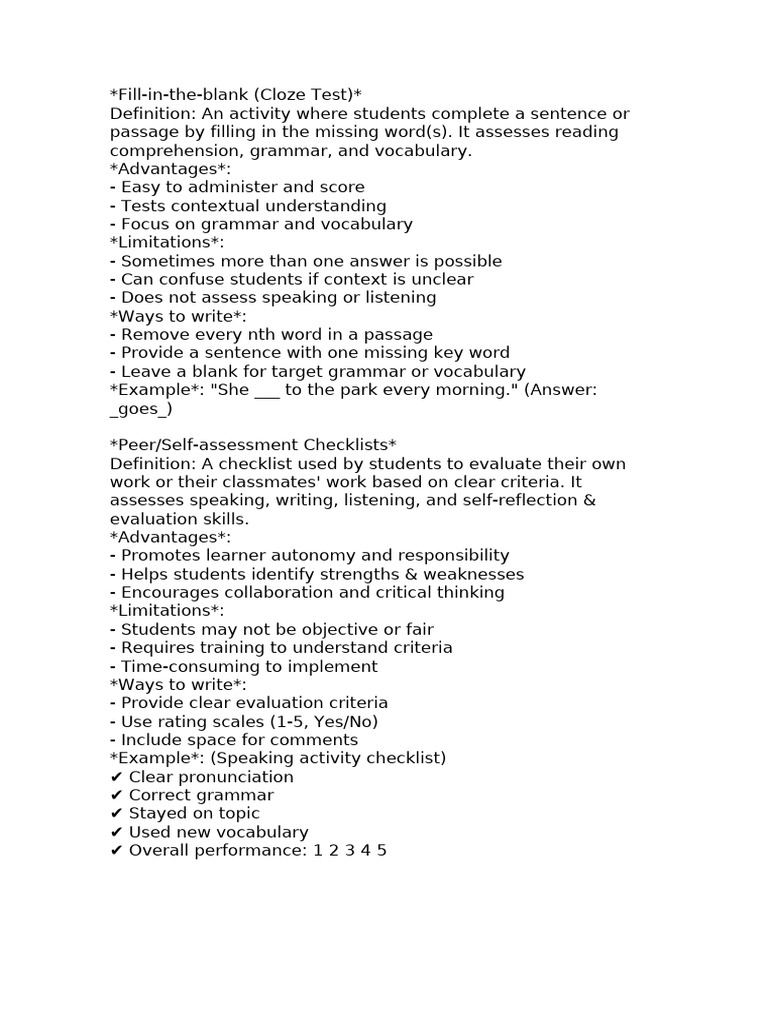 Cloze Test and Peer Assessment Guide | PDF