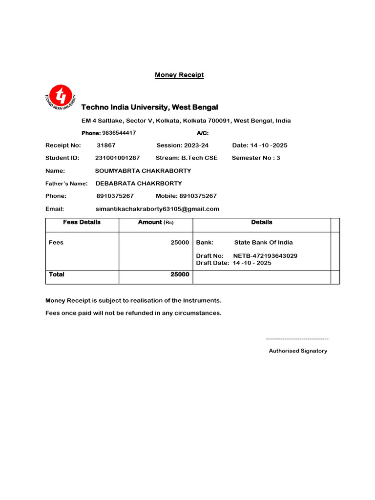 Techno India University Fee Receipt | PDF