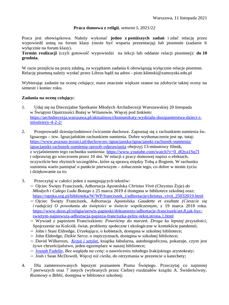 Praca Domowa Z Religii 2021 22 I Sem | PDF