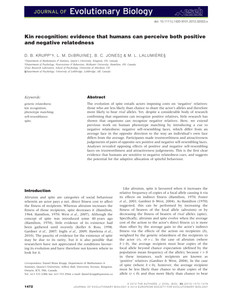 Kin Recognition in Humans | PDF | Fitness (Biology) | Evolutionary Biology