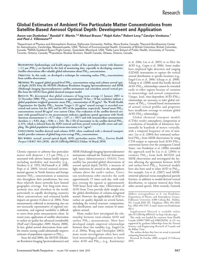 Van Donkelaar Et Al 2010 Global Estimates of Ambient Fine Particulate ...