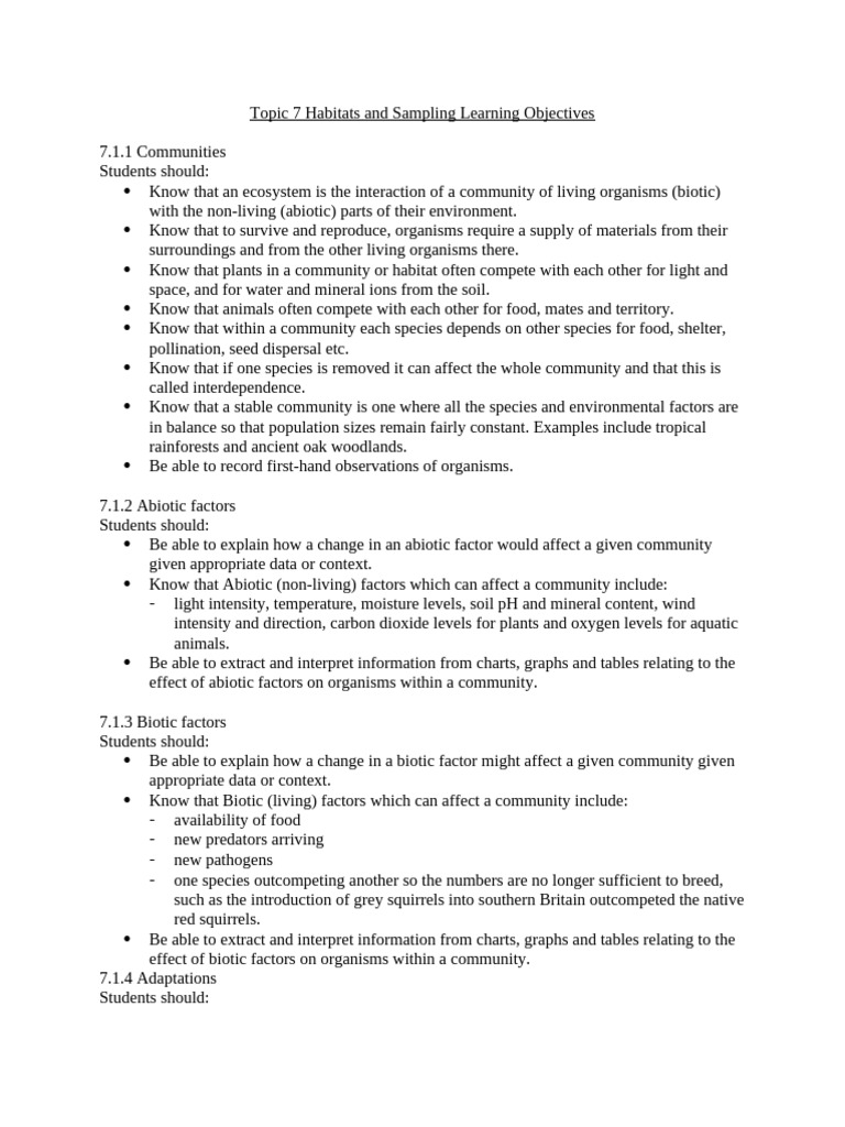 Topic 7 Habitats and Sampling Learning | PDF | Ecosystem | Predation