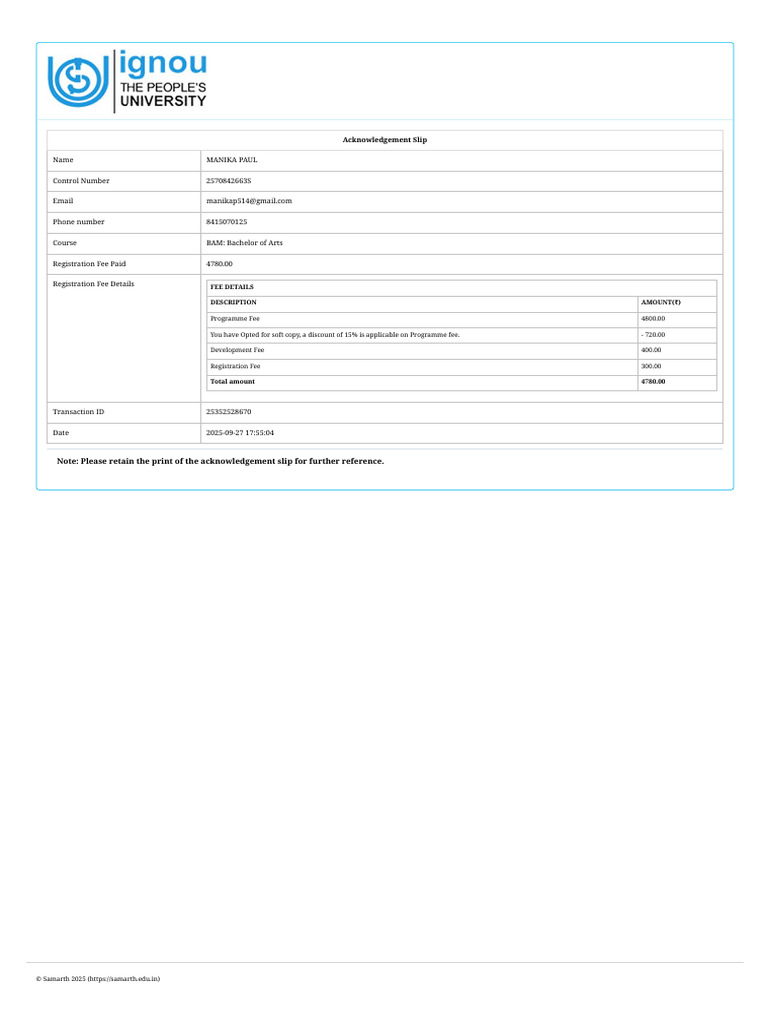 Acknowledgement Slip for BAM Registration | PDF