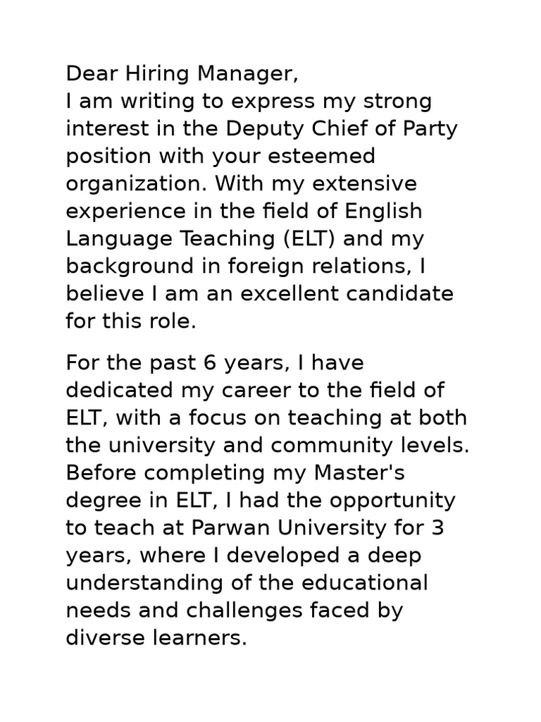 Deputy Chief of Party Application Letter | PDF