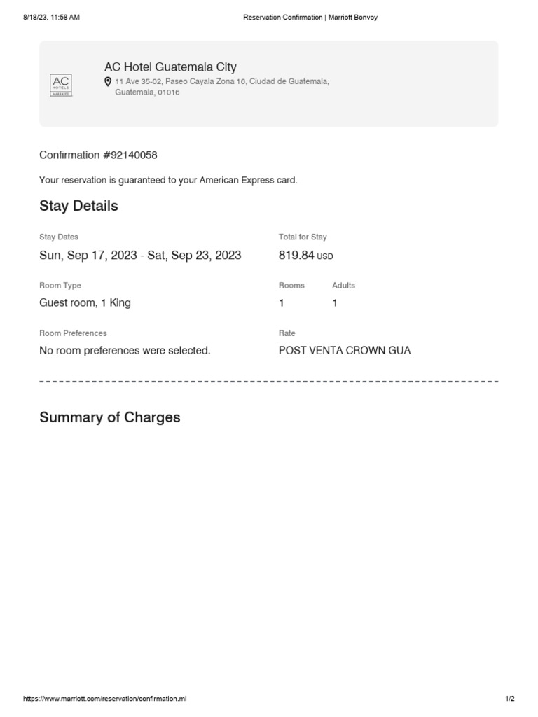 Reservation de Hotel Confirmation - Marriott Bonvoy | PDF