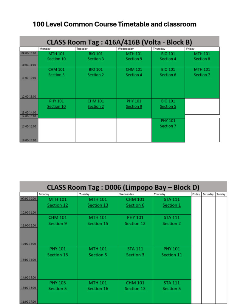 100 Level Course Timetable Overview | PDF