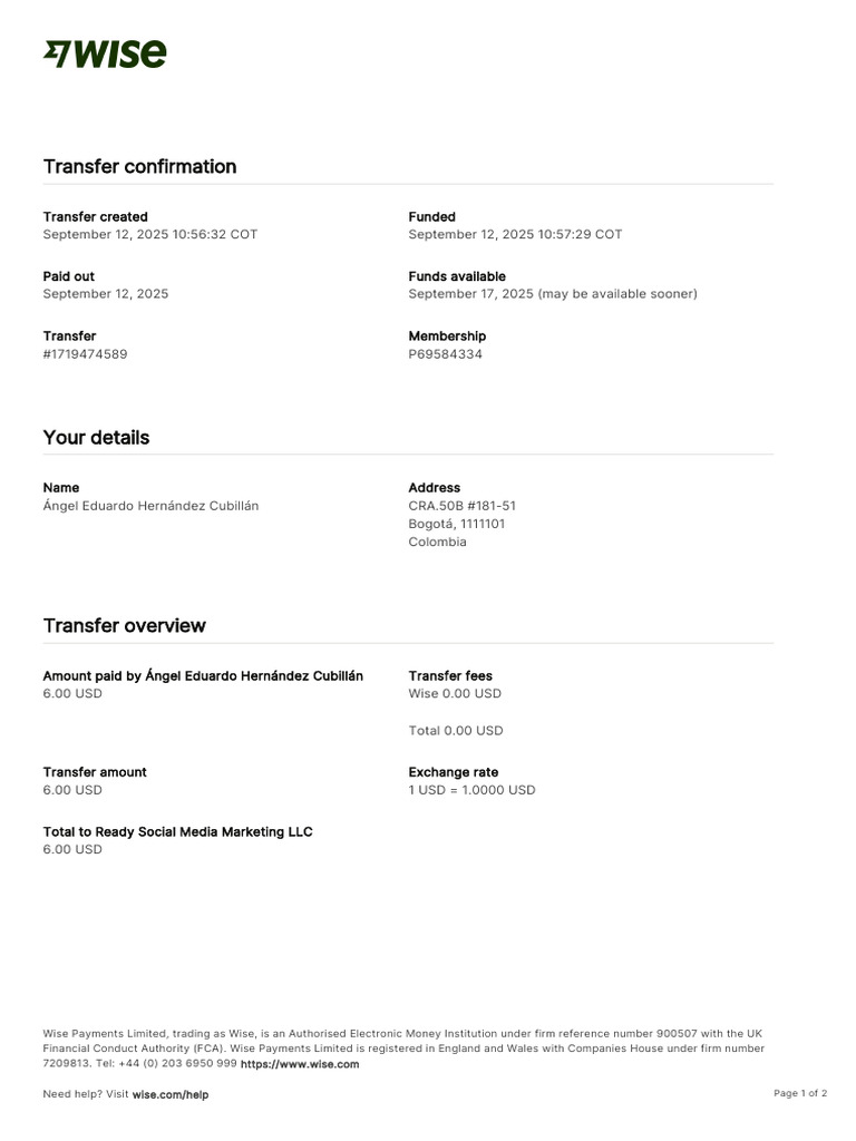 Wise Transfer Confirmation Transfer 1719474589 6291429881 en | PDF ...
