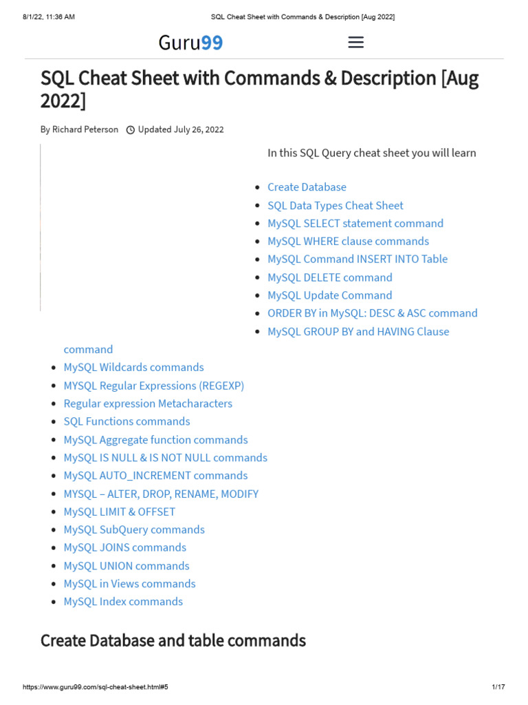 SQL Cheat Sheet With Commands & Description (Aug 2022) | PDF | Regular ...