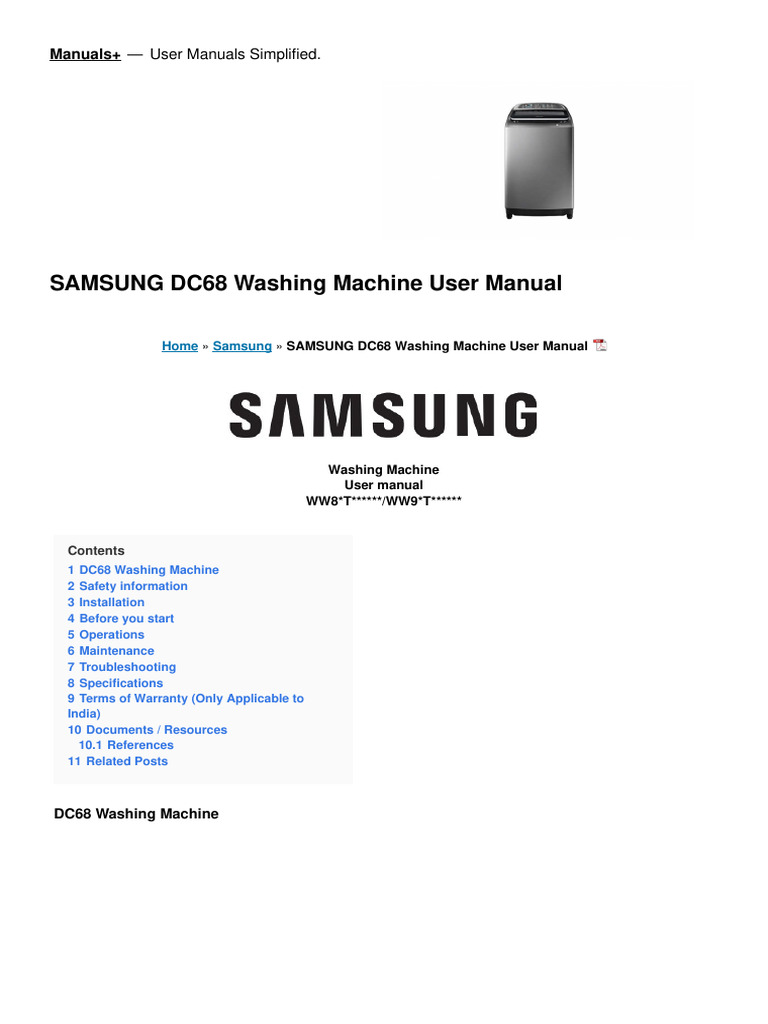 Samsung DC68 Washing Machine Manual | PDF | Washing Machine ...