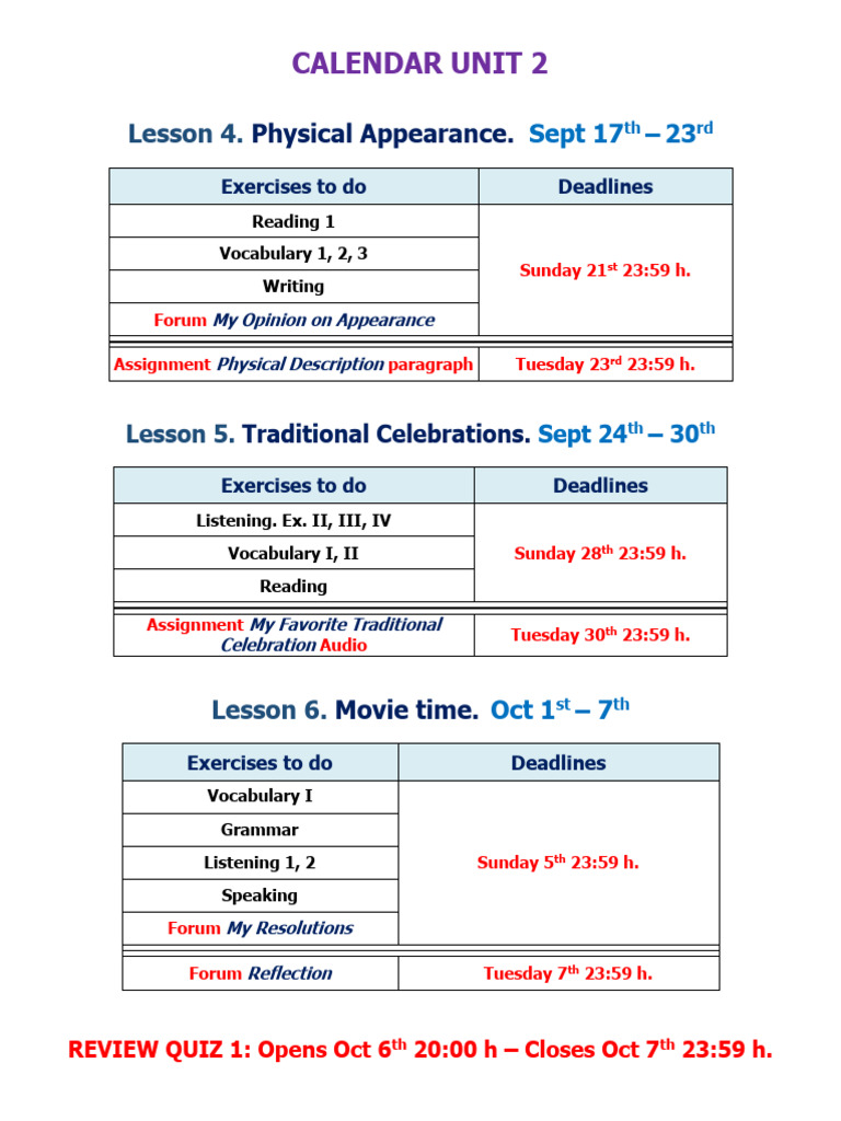 Calendar Pre 1 Unit 2 PII Virtual | PDF