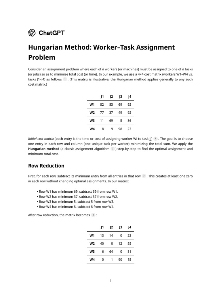 Hungarian Method_ Worker–Task Assignment Problem | PDF | Theoretical Computer Science | Mathematics