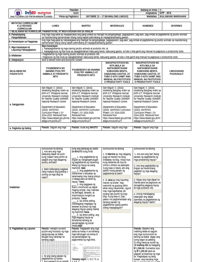 Matatag Curriculum/ K-12 Revised Curriculum I. Nilalaman NG Kurikulum ...