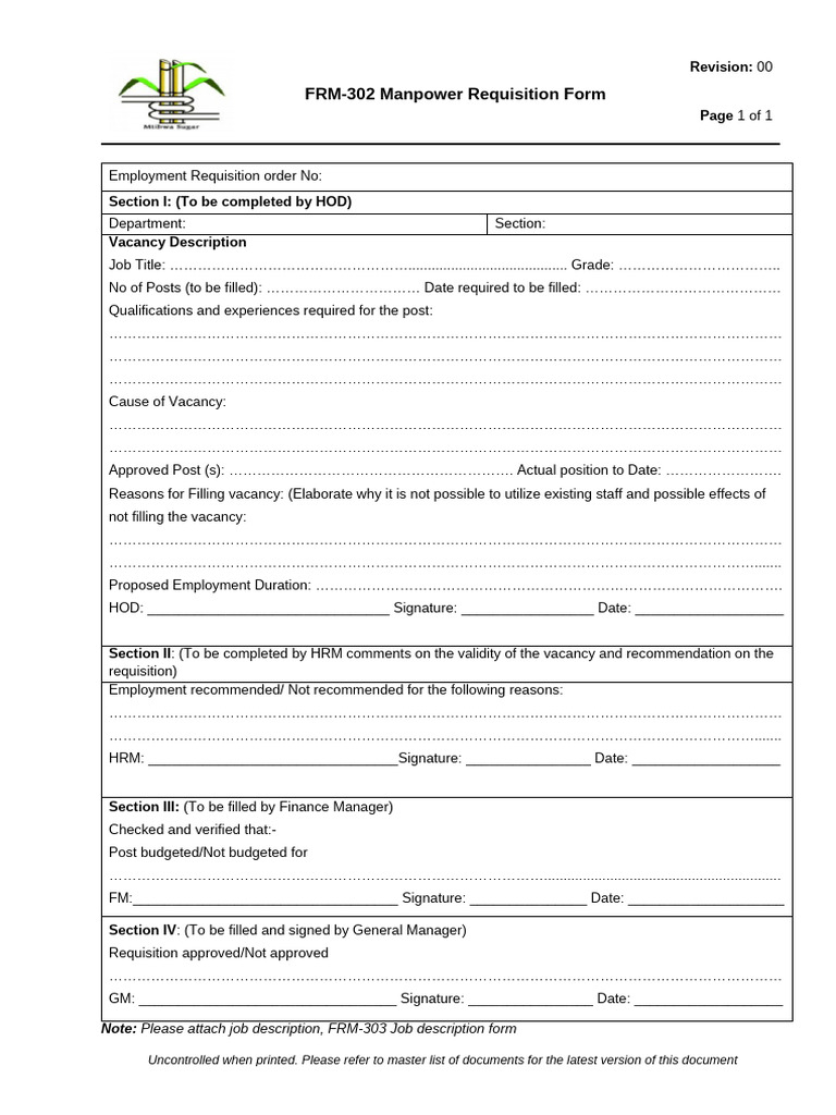 Manpower Requisition Form FRM-302 | PDF