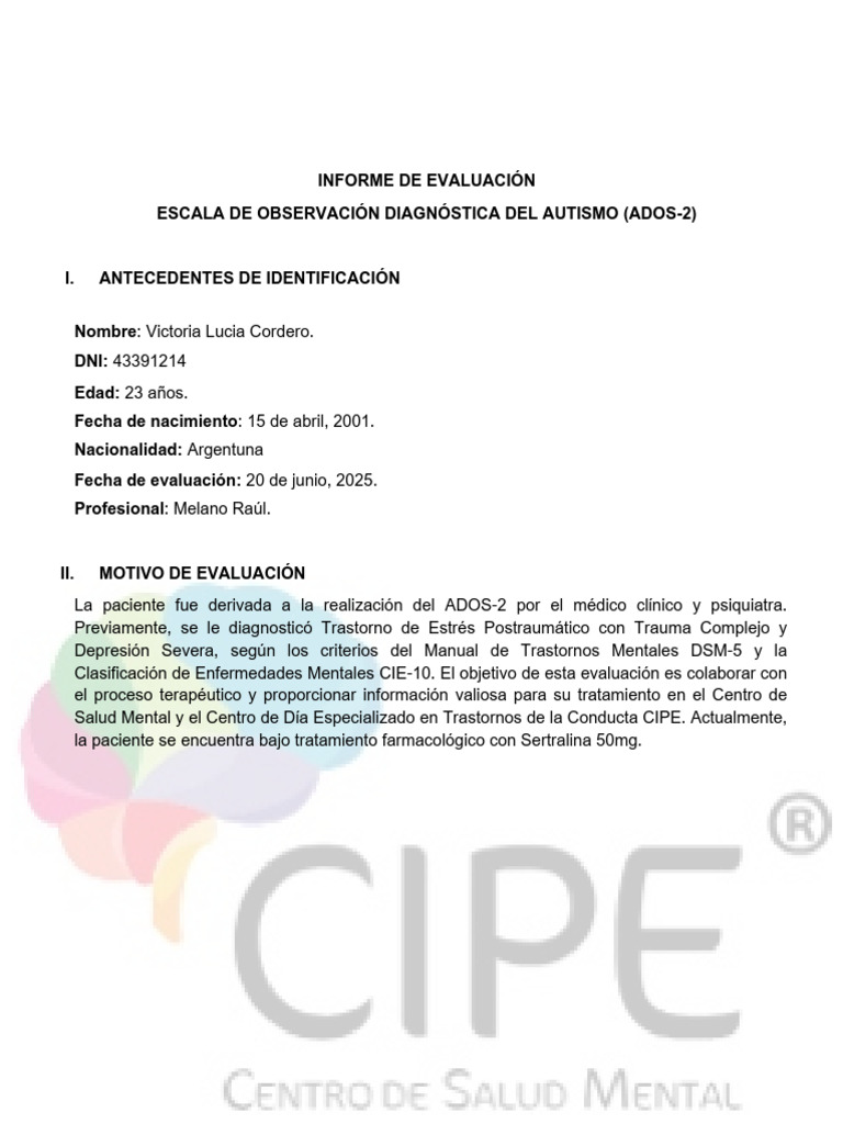 Evaluación ADOS-2 de Victoria Cordero | PDF | Autismo | Las emociones