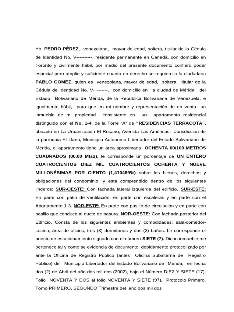 Poder Especial para Venta Firmado en Consulado de Venezuela | PDF ...