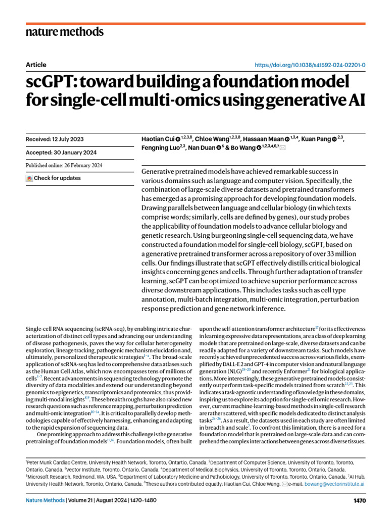 scGPT: A Foundation Model for Single-Cell Multi-Omics | PDF ...