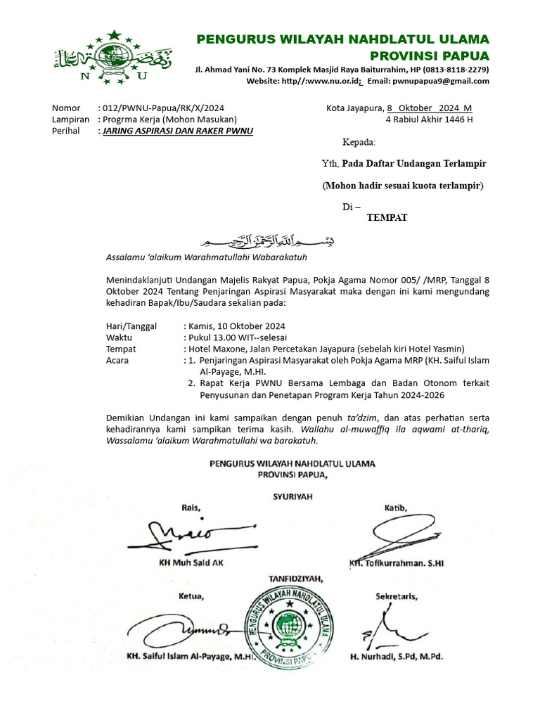 Undangan Raker PWNU Papua 2024 | PDF